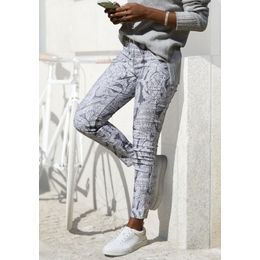 7/8-Jeggings Lascana, Damen, Gr. 38, N-Gr, schwarz-weiß (sanftes weiß, anthrazit bedruckt), Denim/Jeans, Obermaterial: 67% Baumwolle, 29% Polyester, 4% Elasthan, bedruckt, figurbetont knöchelfrei, Hosen 5-Pocket-Hose, mit Alloverprint, schmale Passform, Super-Stretch-Qualität
