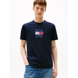 T-Shirt TOMMY HILFIGER "LINEAR FLAG GRAPHIC", Herren, Gr. L, blau (desert sky), Single Jersey, Obermaterial: 100% Baumwolle, regular fit, Rundhals, Shirts T-Shirt, Rundhals, regular fit, Jersey