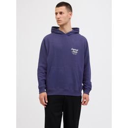 Jack & Jones Kapuzensweatshirt JACK & JONES "JORNORREBRO TYPO BACK SWEAT HOOD SN", Herren, Gr. XXL, blau (ocean cavern), angeraute Sweatware, Obermaterial: 89% Baumwolle, 11% Polyester, bedruckt, relaxed fit normal, ohne Ausschnitt, Rippbündchen, Sweatshirts, mit Print