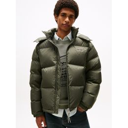 Steppjacke Tommy Jeans "ALASKA DOWN PUFFER", Herren, Gr. M, pewter grün, Web, Obermaterial: 100% Polyester, regular fit normal, Rundhals, eingesetzt gerader Abschluss, Jacken, Übergangsjacke Regular fit mit abnehmbarer Kapuze