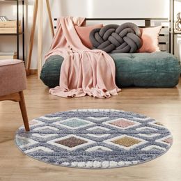 Hochflor-Teppich Carpet City "Focus 3382", bunt (mehrfarbig), H:20mm Ø:200cm, Polypropylen, Teppiche, Boho-Teppich, Hochtief-Muster/ 3D-Effekt, für Wohnzimmer, Schlafzimmer