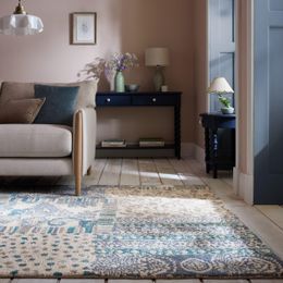 Wollteppich FLAIR RUGS "Eloise Patchwork", blau, B:160cm H:8mm L:230cm, Wolle, Teppiche, reine Wolle, handgetuftet, Patchwork Design, Wohnzimmer, Schlafzimmer