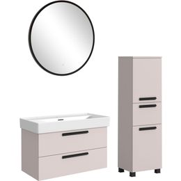 Badmöbel-Set Welltime "SALVADA, 3tlg-Set, gedämpfte Scharniere, Softclose, Keramikbecken", kaschmir, B:140cm H:200cm T:47,5cm, MDF, Kastenmöbel-Sets, Kaschmir, Keramikbecken 1 od. 2 Armaturlochbohrungen