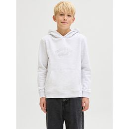 Jack & Jones Kapuzensweatshirt JACK & JONES JUNIOR "JORBLEECKER BRANDING SWEAT HOOD BF JNR", Jungen, Gr. 128, hellweiß detail:org melange, angeraute Sweatware, Obermaterial: 70% Baumwolle, 30% Polyester, bedruckt, loose fit, Rundhals, Rippbündchen, Sweatshirts