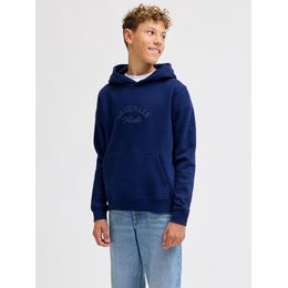 Jack & Jones Kapuzensweatshirt JACK & JONES JUNIOR "JORBLEECKER BRANDING SWEAT HOOD BF JNR", Jungen, Gr. 128, ocean cavern detail:org, angeraute Sweatware, Obermaterial: 70% Baumwolle, 30% Polyester, bedruckt, loose fit, Rundhals, Rippbündchen, Sweatshirts