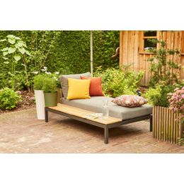 Gartenlounge-Set siena GARDEN "Alvida", grau (matt anthrazit, teak,), B:177,5cm H:84cm T:102cm, Aluminium, Massivholz, Polyester, Sitzmöbel-Sets, bestehend aus 2 Liegen und 4 Kissen