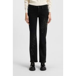Slim-fit-Jeans HUGO BLUE "Gamera", Damen, Gr. 30, Länge 34, schwarz 002, Denim/Jeans, Obermaterial: 99% Baumwolle, 1% Elasthan, Glitzermuster, unifarben, slim fit lang, Jeans, mit Strass-Logo vorn