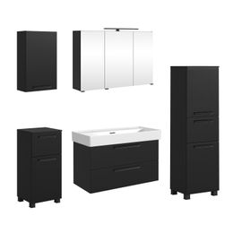 Badmöbel-Set Welltime "SALVADA, 5tlg-Set, gedämpfte Scharniere, Softclose, Keramikbecken", schwarz, B:180cm H:200cm T:47,5cm, MDF, Kastenmöbel-Sets, Schwarz, Keramikbecken 1 od. 2 Armaturlochbohrungen