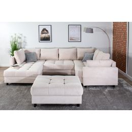 Wohnlandschaft Collection AB, B:298cm H:44cm T:203cmbeige, 95%Polyester;5%Nylon, Sofas, "Toni U-Form mit Armlehne", inkl. Hocker und Zierkissen in