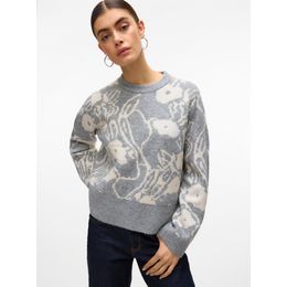 Véro Moda Strickpullover VERO MODA "VMKAILA LS O-NECK PULLOVER BOO", Damen, Gr. L, medium grau melange detail:with birch, Strick, Obermaterial: 75% Polyester, 22% Polyacryl, 3% Elasthan, gemustert, meliert, regular fit, Rundhals, Rippstrickbündchen, Pullover