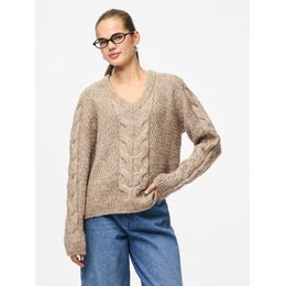 Strickpullover Pieces "PCNINA LS V-NECK KNIT NOOS BC", Damen, Gr. M, beige (fossil), Strick, Obermaterial: 82% Polyester, 14% Polyacryl, 4% Wolle, unifarben, regular fit hüftbedeckend, V-Ausschnitt, Rippstrickbündchen, Pullover
