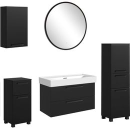 Badmöbel-Set Welltime "SALVADA, 5tlg-Set, gedämpfte Scharniere, Softclose, Keramikbecken", schwarz, B:180cm H:200cm T:47,5cm, MDF, Kastenmöbel-Sets, Schwarz, Keramikbecken 1 od. 2 Armaturlochbohrungen