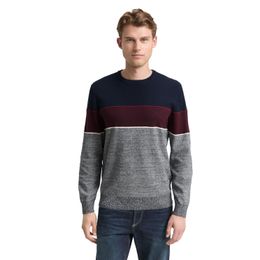 Rundhalspullover Tom Tailor, Herren, Gr. L, navy rot weiß stripe, Strick, Obermaterial: 100% Baumwolle, colorblocking, regular fit normal, Rundhals, Rippbündchen, Pullover, mit Colorblock