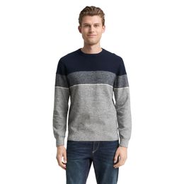 Rundhalspullover Tom Tailor, Herren, Gr. M, navy sanftes weiß weiß stripe, Strick, Obermaterial: 100% Baumwolle, colorblocking, regular fit normal, Rundhals, Rippbündchen, Pullover, mit Colorblock