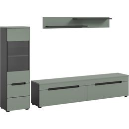 Wohnwand Inosign "REHAT, TOPSELLER, 3-teilig, wahlweise stehend und hängend montierbar", basalt grau, smoke grün nb, B:221cm H:141cm T:33cm, Spanplatte, Kastenmöbel-Sets, Kombination, Anbauwand, Set, Wohn-Set, Wohnzimmer-Set, Schrankwand