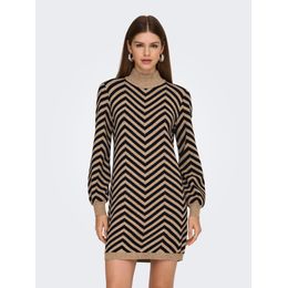 Strickkleid Only "ONLJULIA LS HIGHNECK PATTERN DRESS KNT", Damen, Gr. L, N-Gr, toasted coconut pattern:schwarz, Strick, Obermaterial: 50% Viskose, 27% Nylon, 23% Polyester, gemustert, slim fit Midi, hoch geschlossener Ausschnitt, Puffärmel Rippbündchen, Kleider