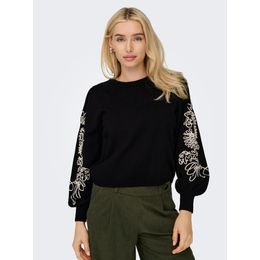 Strickpullover Only "ONLMAGNOLIA LS DETAIL PULLOVER KNT NOOS", Damen, Gr. M, schwarz (schwarz detail:with ecru), Strick, Obermaterial: 51% Viskose, 26% Polyester, 23% Nylon, bestickt, taillenlang, Rundhals, Pullover