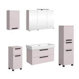 Badmöbel-Set Welltime "SALVADA, 5tlg-Set, gedämpfte Scharniere, Softclose, Keramikbecken", kaschmir, B:180cm H:200cm T:47,5cm, MDF, Kastenmöbel-Sets, Kaschmir, Keramikbecken 1 od. 2 Armaturlochbohrungen
