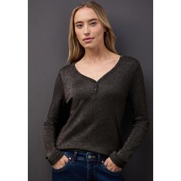 Langarmshirt Street One, Damen, Gr. 36, schwarzest braun, Jersey, Obermaterial: 53% Polyester, 29% Viskose, 10% metallisierte Fasern, 8% Polyamid, Glitzermuster, unifarben, tailliert hüftbedeckend, herzförmiger Ausschnitt, Shirts, im Glitzer-Look und ot Herz-Ausschnitt