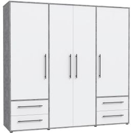 Drehtürenschrank FORTE "Mokkaris, OTTOs Choice, TOPSELLER 3 oder 4 Türen, zeitloses Design", grau (betonoptik lichtgrau, weiß), B:205,9cm H:200,1cm T:58,8cm, Spanplatte, Schränke, Schubladen + schwarze Stangengriffe, Made in Europe, viel Stauraum