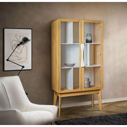 Bücherregal WOODMAN "Hilla", beige (natur, weiß), Regale, Breite 88 cm, Türen mit Glaseinsätzen, Holzfurnier aus Eiche, FSC