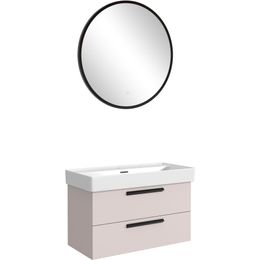 Badmöbel-Set Welltime "SALVADA, 2tlg-Set, gedämpfte Scharniere, Softclose, Keramikbecken", kaschmir, B:100cm H:200cm T:47,5cm, MDF, Kastenmöbel-Sets, Kaschmir, Keramikbecken 1 od. 2 Armaturlochbohrungen