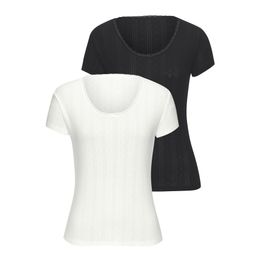 T-Shirt Vivance, Damen, Gr. 32/34, schwarz, creme, Strick, Obermaterial: 100% Baumwolle, unifarben, körpernah, Rundhals, Shirts, aus weichem Pointelle-Strick mit Spitze