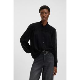 Langarmbluse BOSS Orange "Benvylla Premium Damenmode", Damen, Gr. 44, schwarz 001, Web, Obermaterial: 100% Viskose, unifarben, regular fit normal, hoch geschlossener Ausschnitt, Rüschen, Blusen, mit Rüschenbesatz, Stehkragen