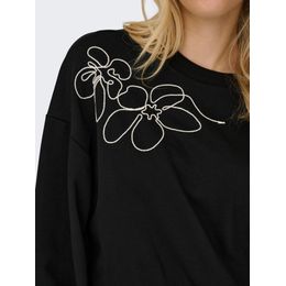 Sweatshirt Only "ONLBROOK L/S CHEST EMB CS SWT", Damen, Gr. S, schwarz (schwarz detail:birch chest flower), Sweatware, Obermaterial: 60% Baumwolle, 40% Polyester, bestickt, unifarben, regular fit normal, Rundhals, Sweatshirts