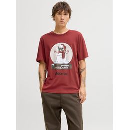 Jack & Jones Kurzarmshirt JACK & JONES "JJNOEL XMAS TEE SS CREW NECK", Herren, Gr. L, brick rot, Jersey, Obermaterial: 100% Baumwolle, Rundhals, Shirts