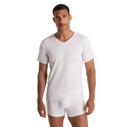 V-Shirt Bruno Banani "FINE RIB", Herren, Gr. M, weiß, Feinripp, Obermaterial: 96% Baumwolle, 4% Elasthan, unifarben, V-Ausschnitt, Shirts, Feinripp, Kurzarm