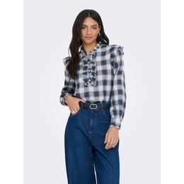 Langarmbluse Only "ONLFIGA L/S FLOUNCE TOP WVN", Damen, Gr. L, blau (cloud dancer checks:night sky), Web, Obermaterial: 100% Baumwolle, kariert, regular fit hüftlang, Blusen