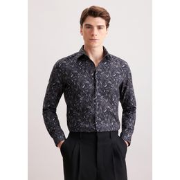 Flanellhemd Seidensticker "Schwarze Rose", Herren, Gr. S (37), normale Ärmellängen, grau, 100% Baumwolle, geblümt, unifarben, slim fit, 2-Knopf-Manschette, Hemden, Slim 1/1 Kentkragen Geblümt