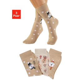 H.I.S. H.I.S Damen Basicsocken, Gr. 392x dunkel beige, 1x hell beige, Baumwollmischung, gemustert, Socken, mit lustigen Weihnachtsmotiven