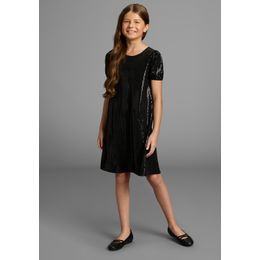 Jerseykleid Kidsworld "Shirtkleid in Pailletten-Allover-Design", Mädchen, Gr. 104/110, N-Gr, schwarz, Jersey, Obermaterial: 80% Polyamid, 15% metallisierte Fasern, 5% Elasthan, Glitzermuster, festlich, ausgestellt hüftbedeckend, Rundhals, eingefasste Kante, Kleider, Shirtkleid in Pailletten-Optik