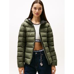 Steppjacke Tommy Jeans "TJW SLIM HOOD PRNT DOWN JCKT EXT", Damen, Gr. S (36), grün (pewter grün), Web, Obermaterial: 100% Polyester, unifarben mit Farbeinsätzen, slim fit, Jacken