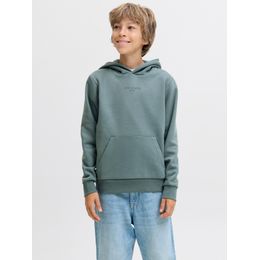 Jack & Jones Kapuzensweatshirt JACK & JONES JUNIOR "JJKENJI SWEAT HOOD JNR", Jungen, Gr. 140, stormy weather, angeraute Sweatware, Obermaterial: 70% Baumwolle, 30% Polyester, unifarben, relaxed fit normal, Rippbündchen, Sweatshirts