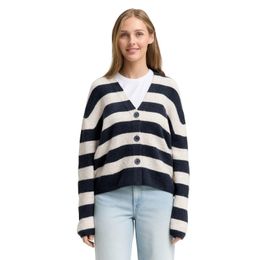 Cardigan Tom Tailor Denim, Damen, Gr. L, navy sanftes weiß stripe, Strick, Obermaterial: 62% Polyacryl, 25% Polyester, 10% Baumwolle, 3% sonstige Fasern, gestreift, regular fit taillenbedeckt, V-Ausschnitt, Strickjacken, mit V-Ausschnitt