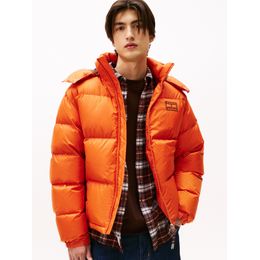 Steppjacke Tommy Jeans "ALASKA DOWN PUFFER", Herren, Gr. L, voyager orange, Web, Obermaterial: 100% Polyester, unifarben, regular fit normal, Rundhals, eingesetzt gerader Abschluss, Jacken, Übergangsjacke Regular fit mit abnehmbarer Kapuze