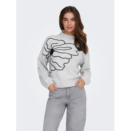 Strickpullover Only "ONLLOI LS HIGH NECK FLOWER PULL EX KNT", Damen, Gr. XL, light grau melange detail:big flower, Strick, Obermaterial: 79% Polyester, 13% Polyacryl, 6% Wolle, 2% Elasthan, gemustert, hüftlang, hoch geschlossener Ausschnitt, Pullover