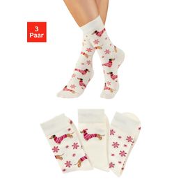 Socken Lascana, Damen, Gr. 35-38, 3x ecru gemustert, Baumwollmischung, gemustert, elastisch, Socken, mit weihnachtlichem Dackelmotiv