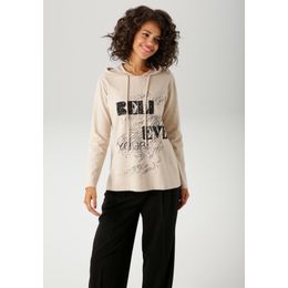 Strickpullover Aniston CASUAL, Damen, Gr. 36, hellbeigemeliert, grau, schwarz, Feinstrick, Obermaterial: 50% Viskose, 30% Polyester, 20% Nylon, Glitzermuster, bedruckt, gemustert, figurumspielend hüftbedeckend, Pullover, mit Pailletten-Schriftzug verziertem Vorderteil - NEUE KOLLEKTION