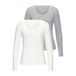 Langarmshirt Vivance, Damen, Gr. 32/34, grau meliert, creme, Strick, Obermaterial: 100% Baumwolle, unifarben, körpernah, Rundhals, Shirts, aus weichem Pointelle-Strick mit Spitze