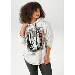 Sweatshirt ANISTON PLUS, Damen, Gr. 44, beige meliert, schwarz, Jersey, Obermaterial: 99% Baumwolle, 1% Viskose. Besatz: 100% Baumwolle, animal-print, unifarben mit Farbeinsatz, figurumspielend hüftbedeckend, Sweatshirts, mit großem Tigerprint - NEUE KOLLEKTION