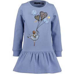 Sweatkleid Blue Seven, Mädchen, Gr. 98, N-Gr, blau, angeraute Sweatware, Obermaterial: 100% Baumwolle, bedruckt, unifarben, regular fit knieumspielend, Rundhals, Rippbündchen, Kleider, mit hochwertigem Frontmotiv mit Tüll-Applikation