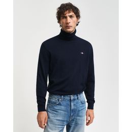Strickpullover Gant "CTN/WO ROLLNECK", Herren, Gr. L, blau (evening blau), Strick, Obermaterial: 70% Baumwolle, 30% Wolle, unifarben, regular fit normal, Rundhals, eingesetzt Rippstrickbündchen, Pullover, Mit Rundhalsausschnitt