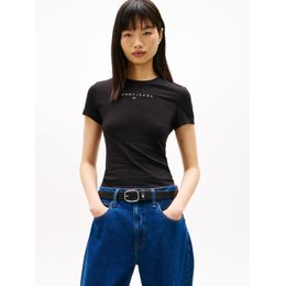 Kurzarmshirt Tommy Jeans "TJW SLIM BLING LINEAR TEE EXT", Damen, Gr. L (40), schwarz, Single Jersey, Obermaterial: 100% Baumwolle, unifarben, slim fit, Rundhals, Shirts