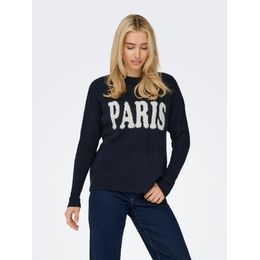 Strickpullover Only "ONLJERICO L/S PULLOVER KNT NOOS", Damen, Gr. M, blau (schwarz navy detail:cd paris), Strick, Obermaterial: 68% Polyacryl, 12% Polyester, 11% Nylon, 6% Wolle, 3% Elasthan, bedruckt, Modisch, oversize hüftbedeckend, V-Ausschnitt, Rippbündchen, Pullover