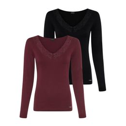 Longsleeve Laura Scott, Damen, Gr. 32/34, schwarz, bordeaux, Rippware, Obermaterial: 100% Baumwolle. Spitze: 95% Polyester, 5% Elasthan, unifarben, körpernah hüftbedeckend, V-Ausschnitt, Shirts, mit toller Spitzenkante - NEUE KOLLEKTION