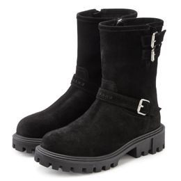 Stiefelette ELBSAND, Damen, Gr. 42, schwarz, Obermaterial: 100% Rindsleder. Decksohle: 100% Textilmaterial. Futter: 85% Textilmaterial, 15% Lederimitat. Laufsohle: 100% Synthetik, Veloursleder, unifarben, Schuhe, aus Leder mit trendigen Zierschnallen, Stiefel, Boots